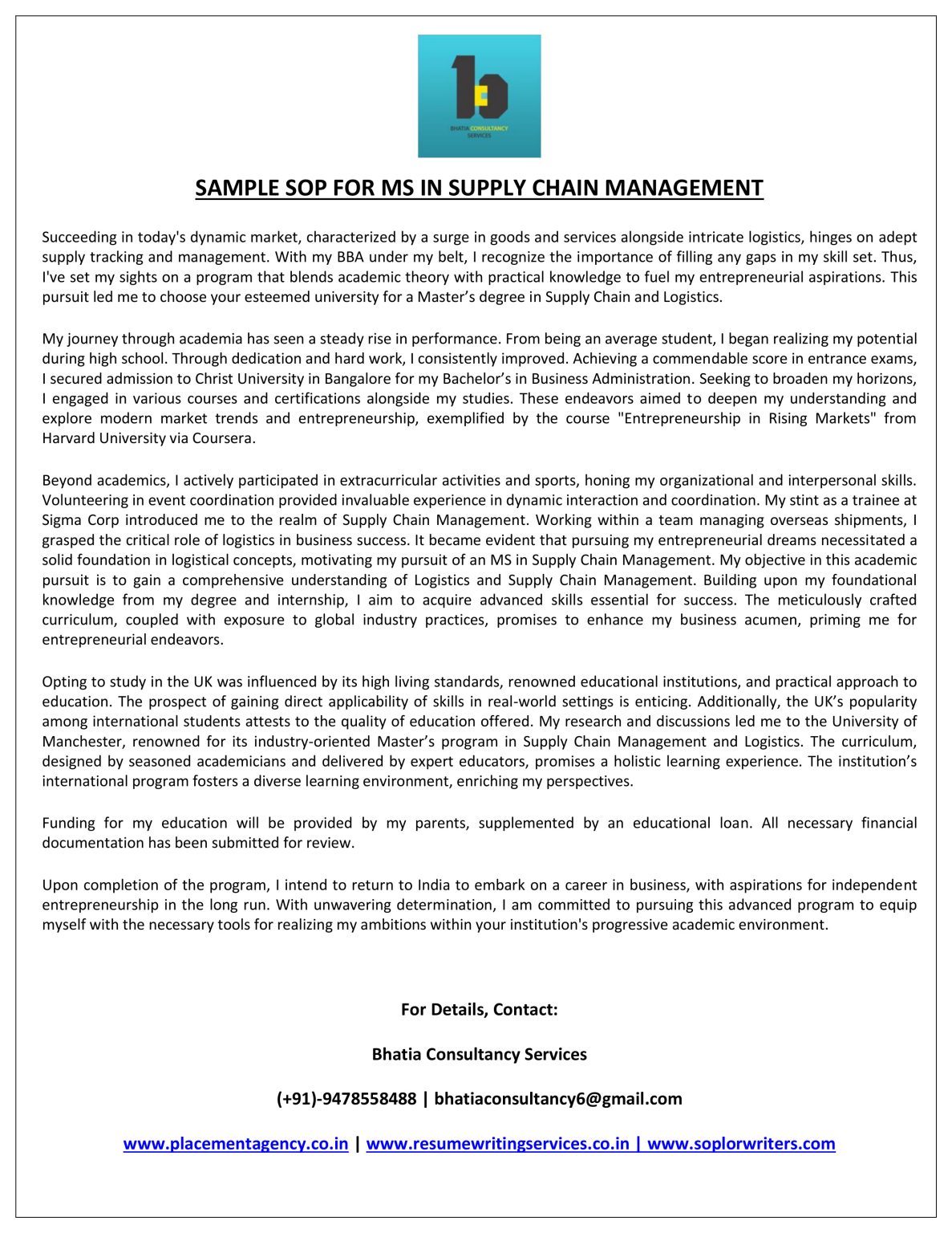 SOP for MS in Logistics and Supply Chain Management