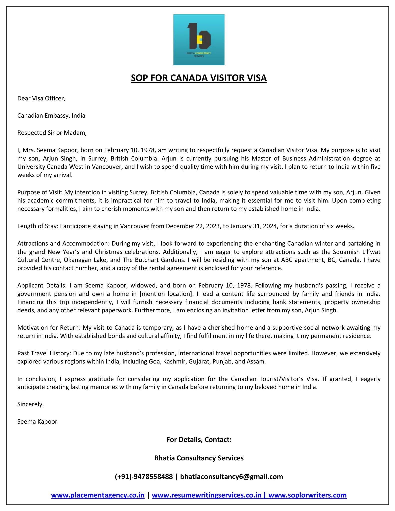 sample sop for visitor visa Canada