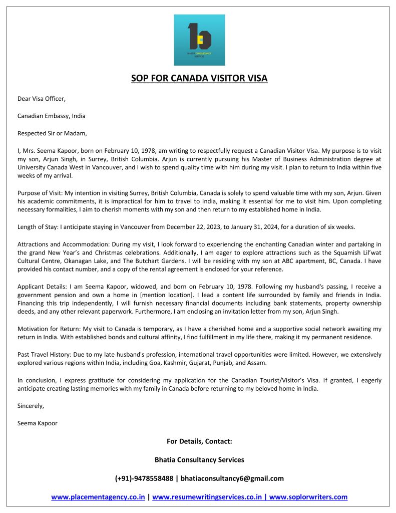Cover Letter for Canada Visitor Visa After Refusal