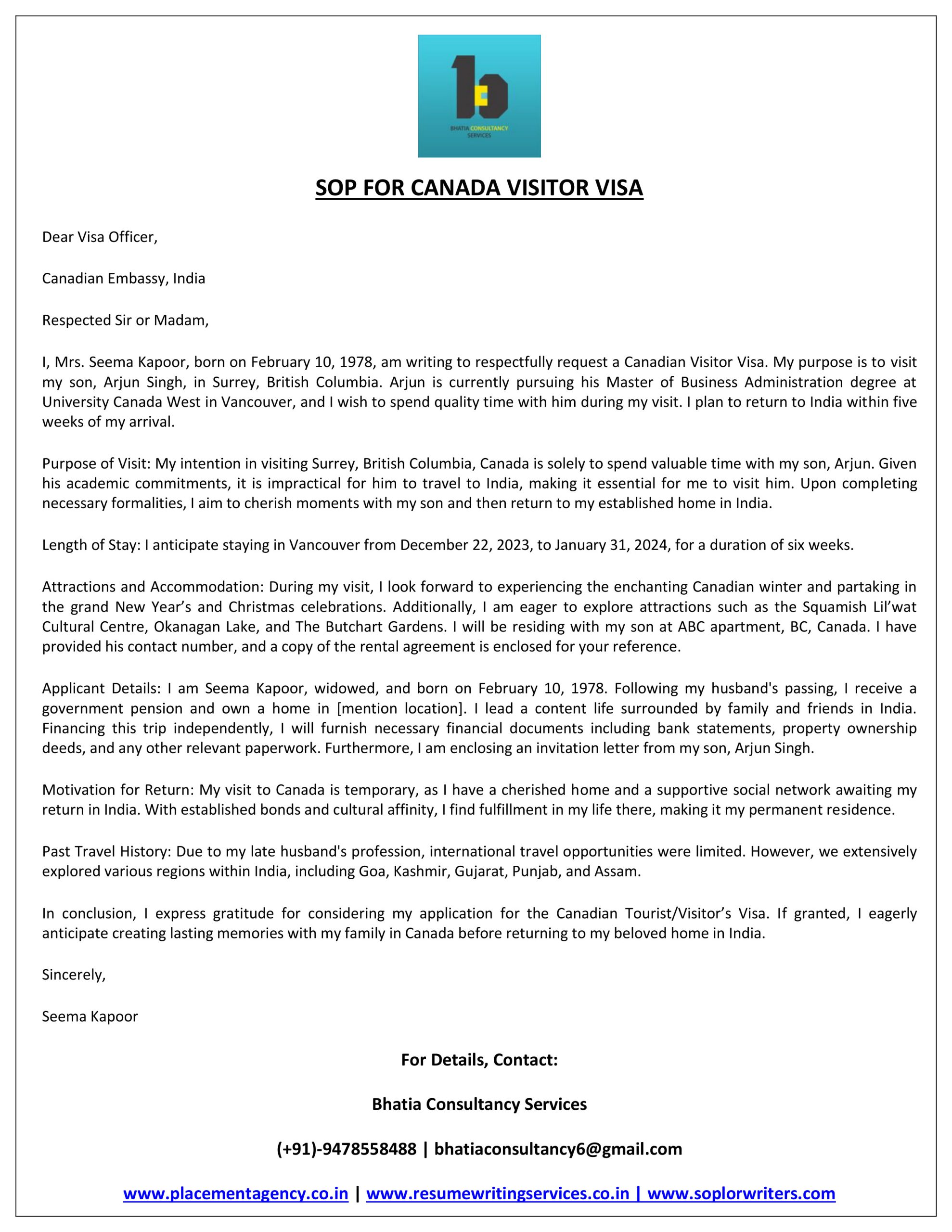 Canada Visitor Visa Invitation Letter