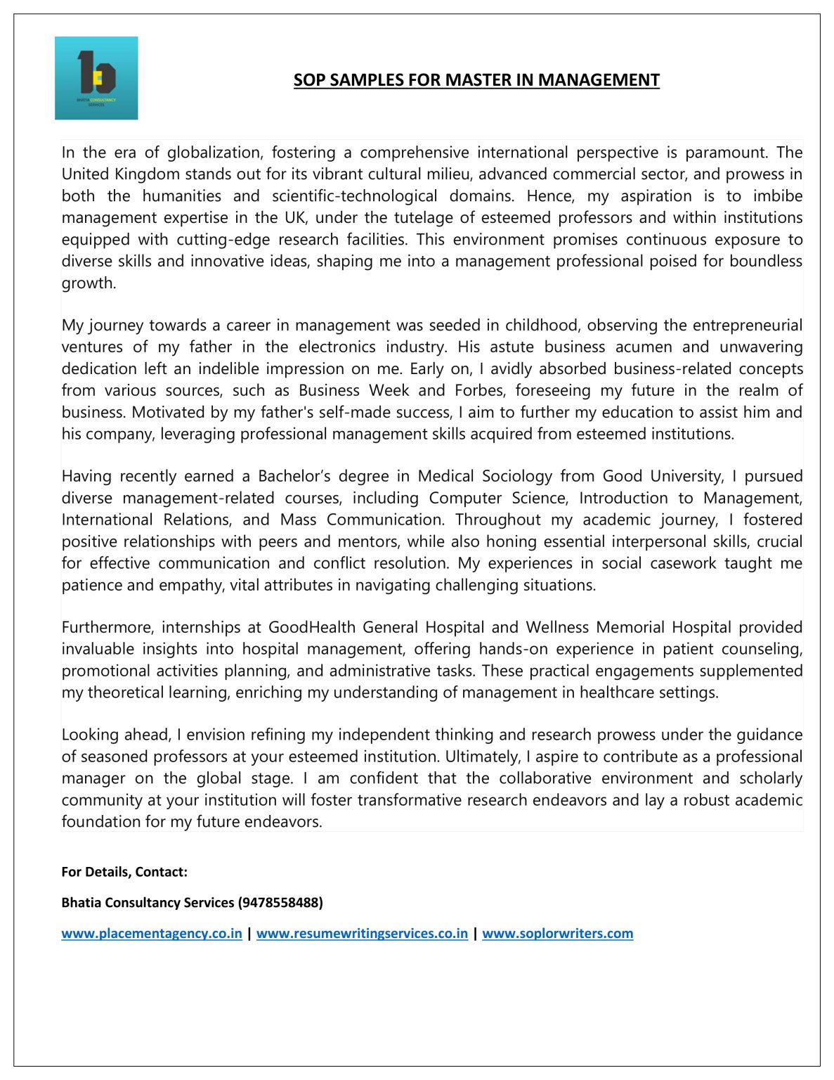 SOP Samples For MASTER IN MANAGEMENT
