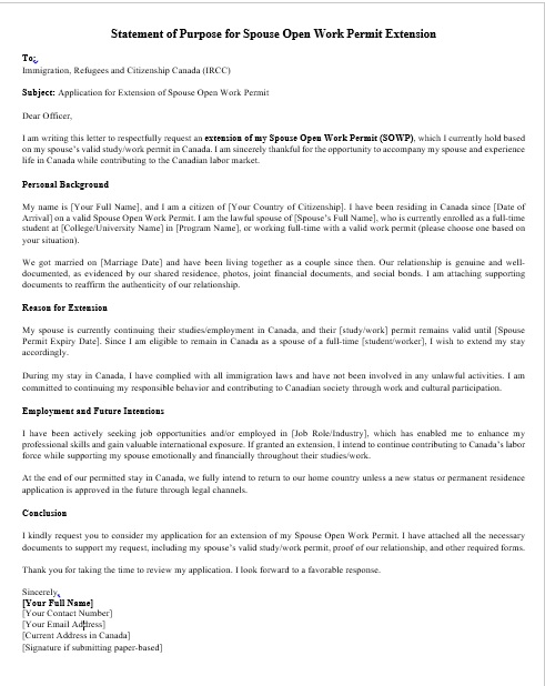 SOP For Spouse Open Work Permit SOWP Extension Canada