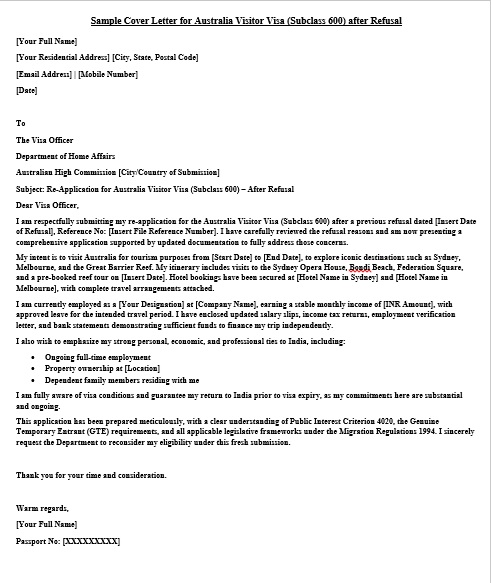 SOP Sample for Australia Visitor Visa After Refusal